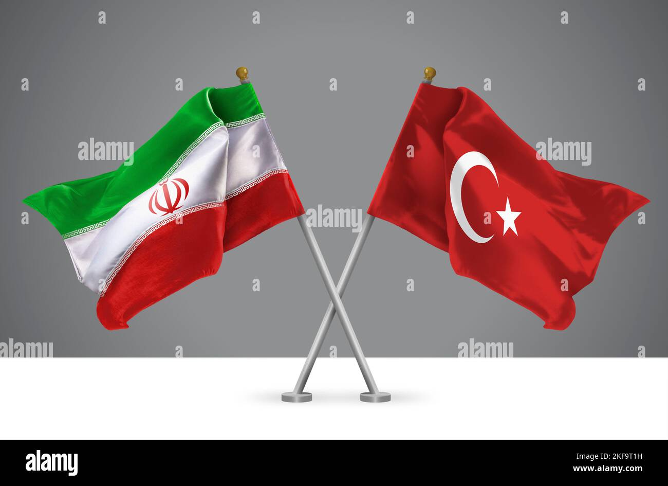 3D illustration of Two Wavy Crossed Flags of Iran and Turkey, Sign of ...