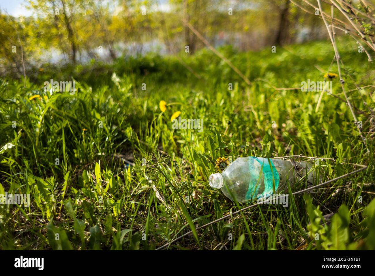 Abandoned garbage plastic and glass waste in nature among the grass ...