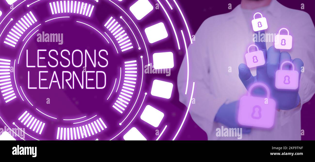 Sign displaying Lessons Learned. Word Written on experiences garnered ...