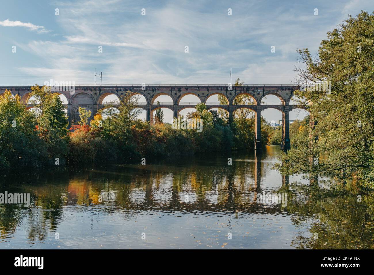 Railway Bridge with river in Bietigheim-Bissingen, Germany. Autumn ...