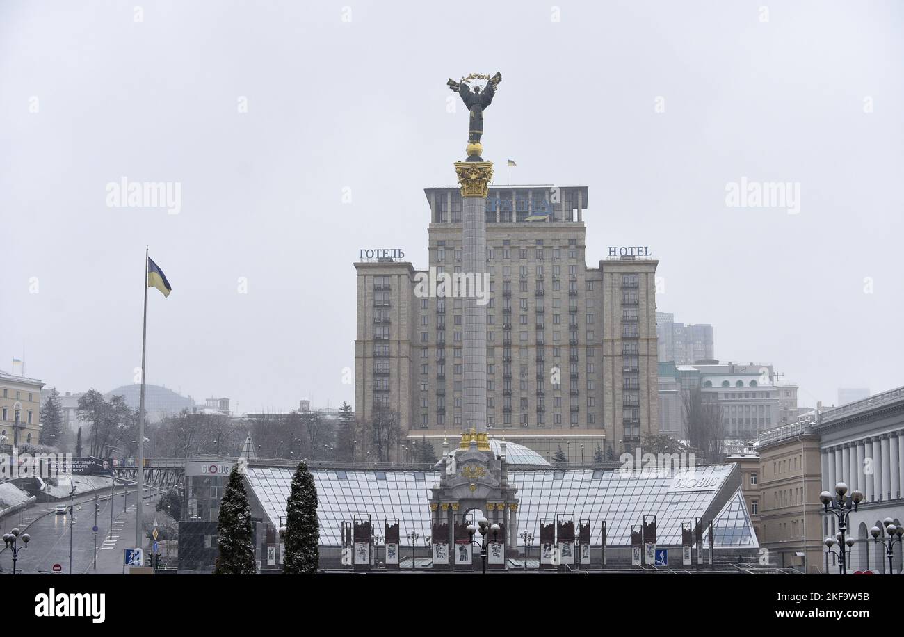 KYIV, UKRAINE - NOVEMBER 17, 2022 - The Independence Monument towers ...