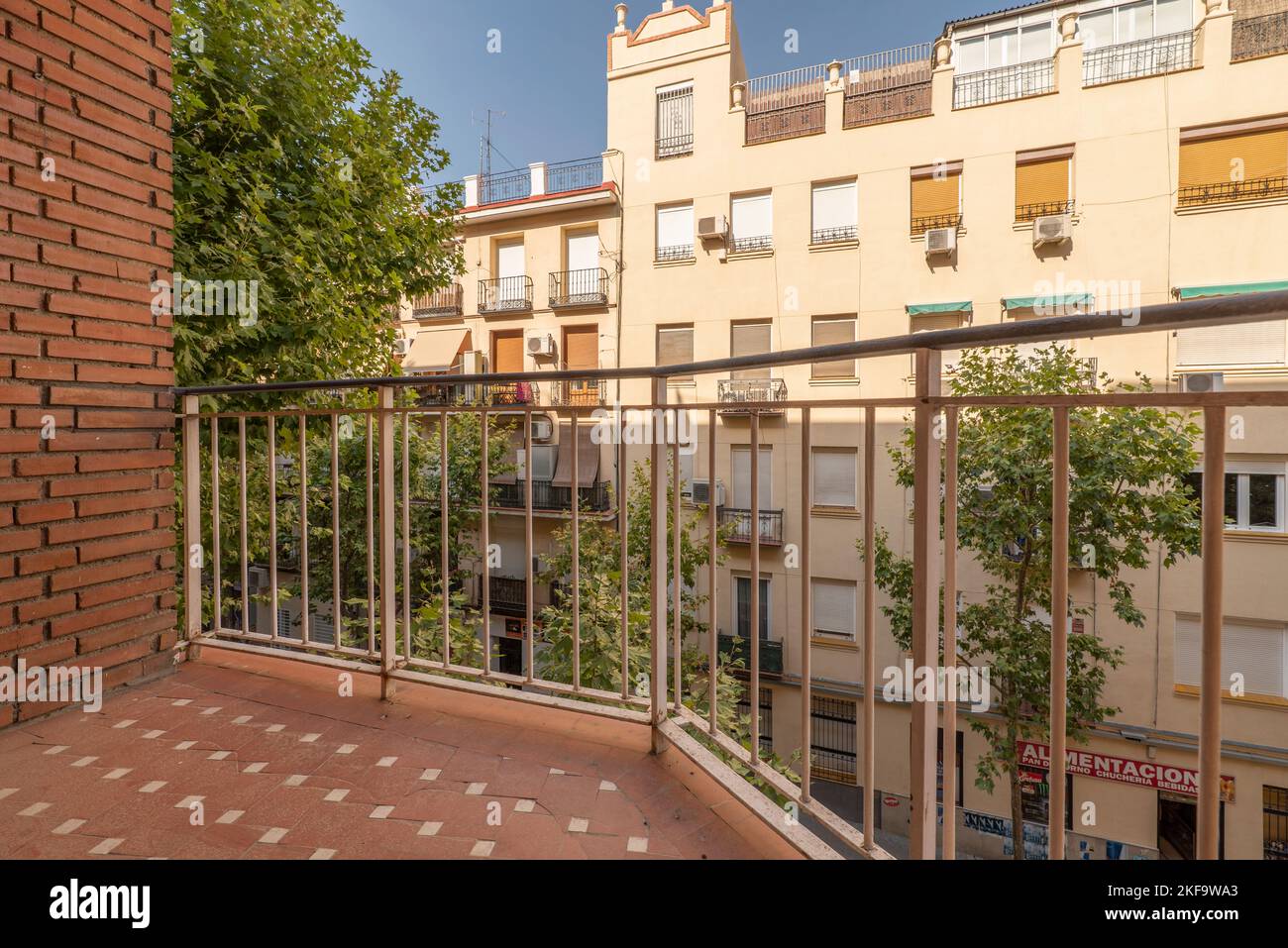 View of a street from a balcony with young trees, balconies with plants ...