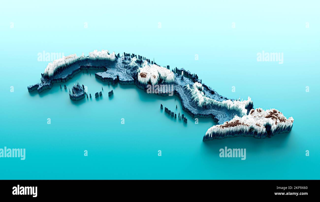 A 3D illustration of a topographic Cuba map on a blue background Stock ...