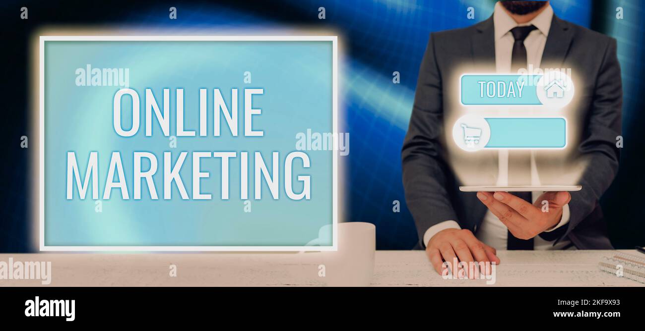 Text sign showing Online Marketing. Concept meaning practice of ...