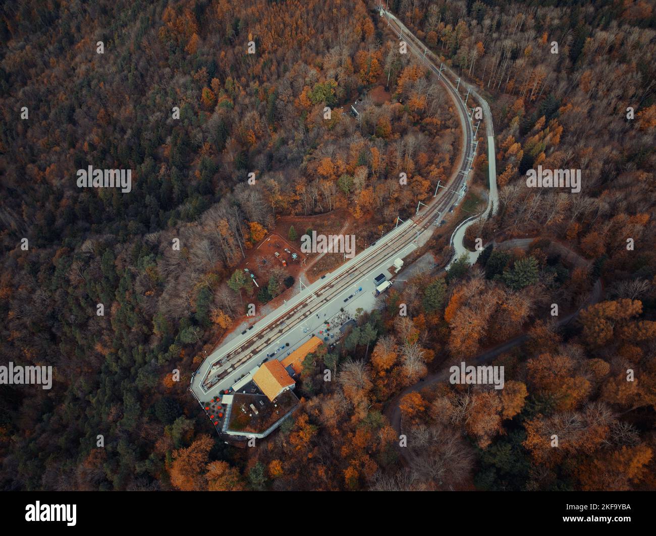 An aerial shot of a train station in Switzerland surrounded by a forest ...
