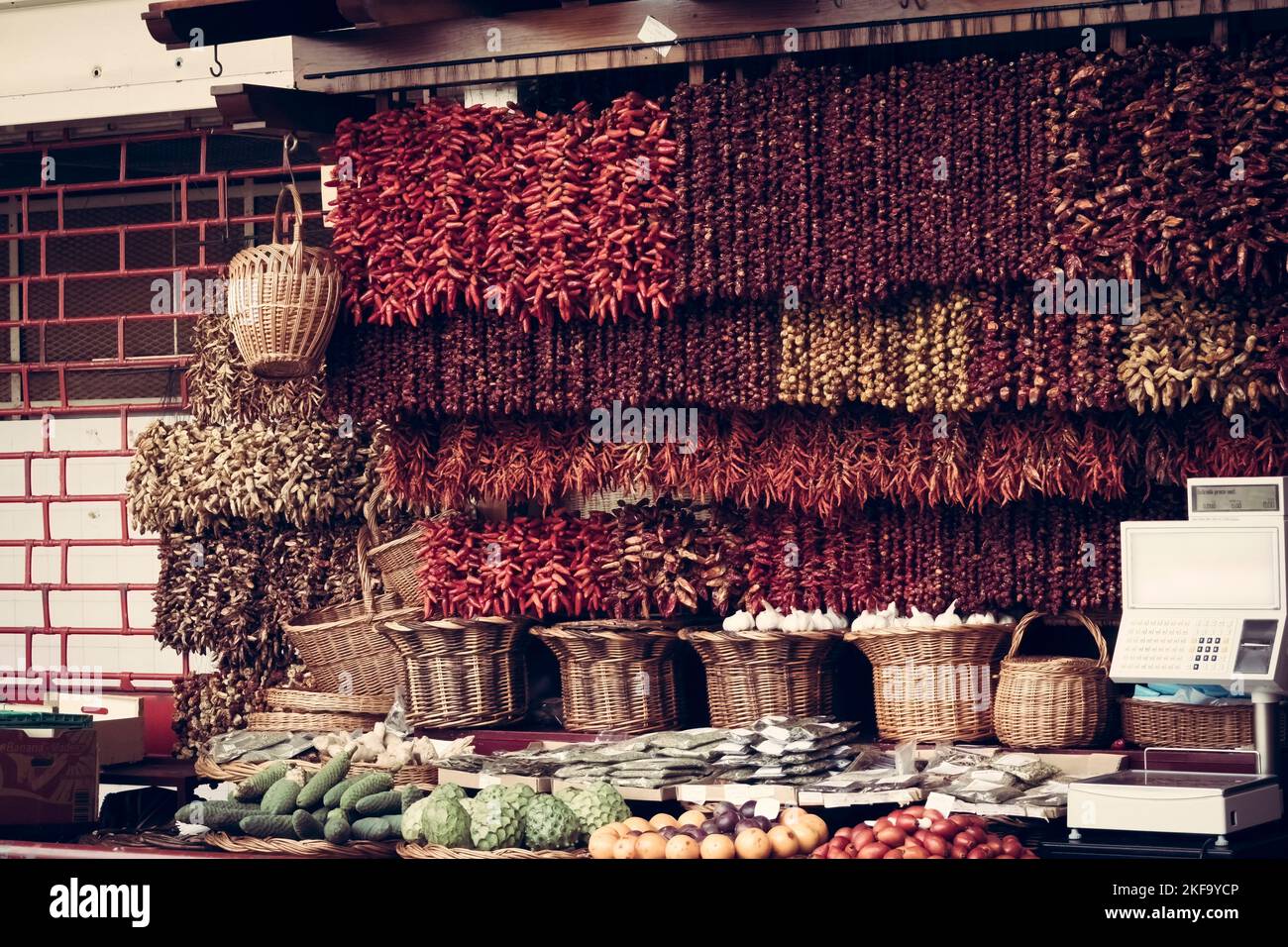 Chilli peppers for sale on market stand Stock Photo - Alamy