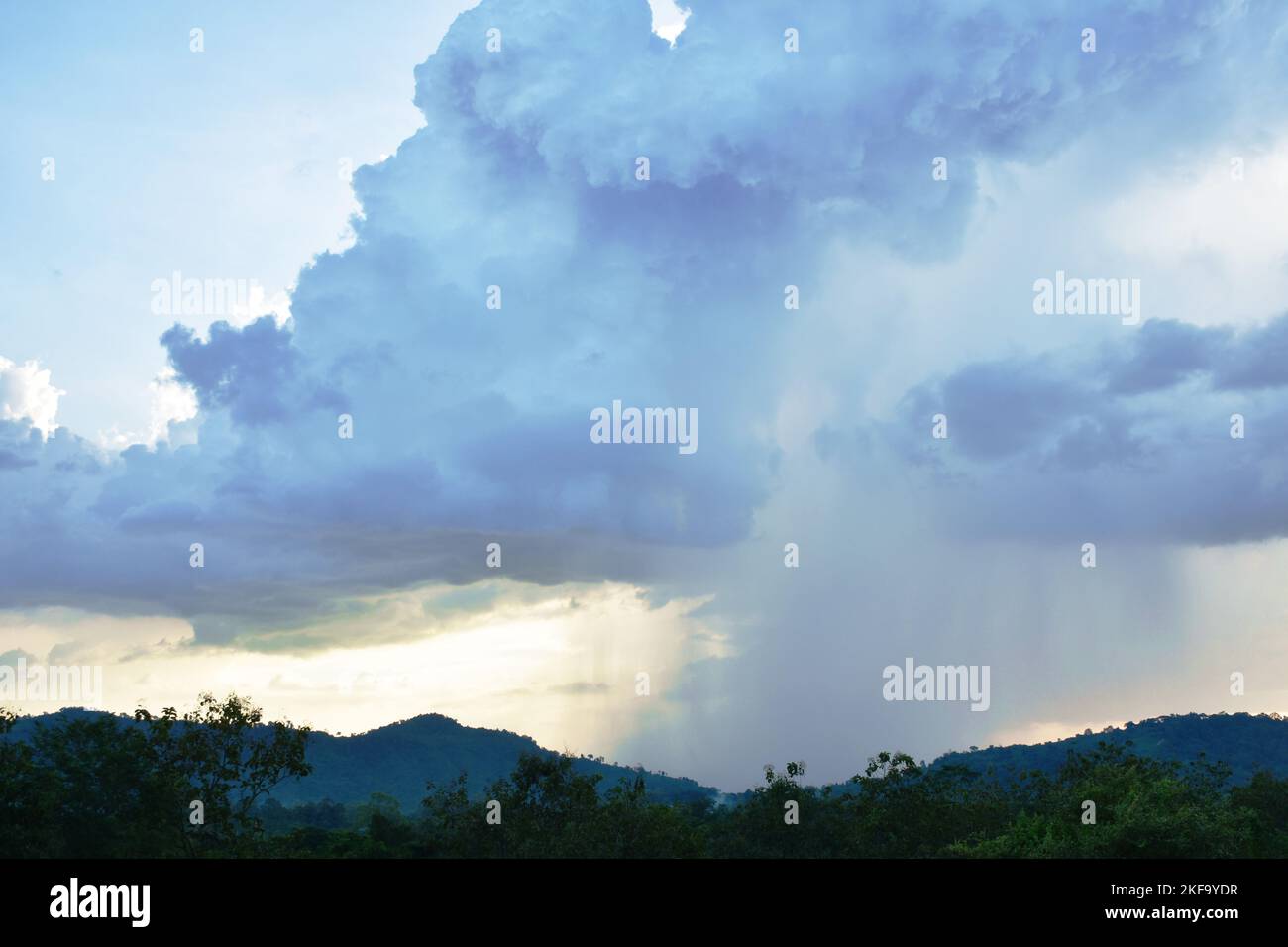 landscape of water reservoir lake with mountain background in sunset ...