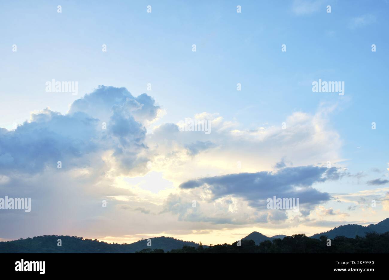 landscape of water reservoir lake with mountain background in sunset ...