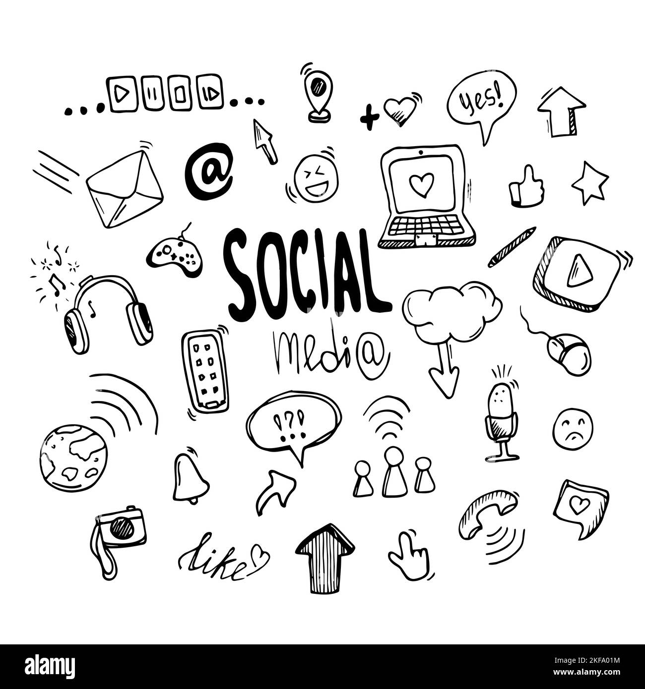 Vector line art Doodle cartoon set of objects and symbols on the Social ...