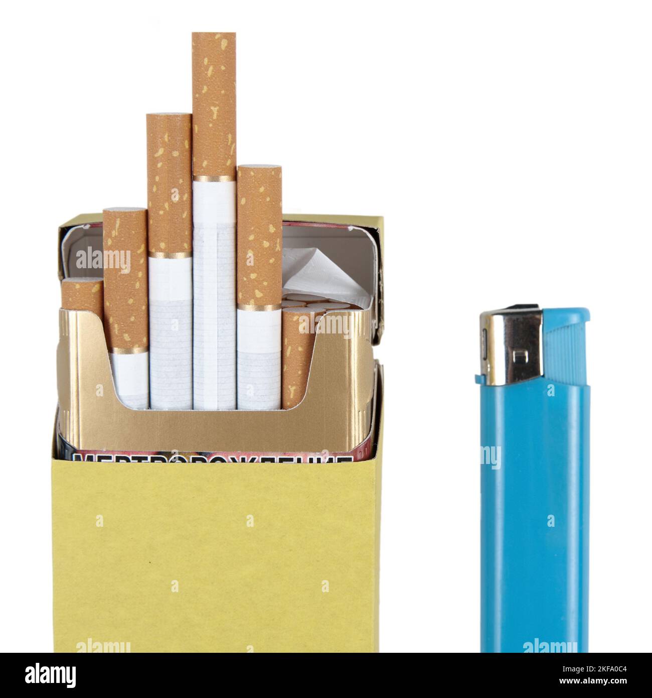 Yellow pack of cigarettes and blue plastic gas lighter isolated on ...