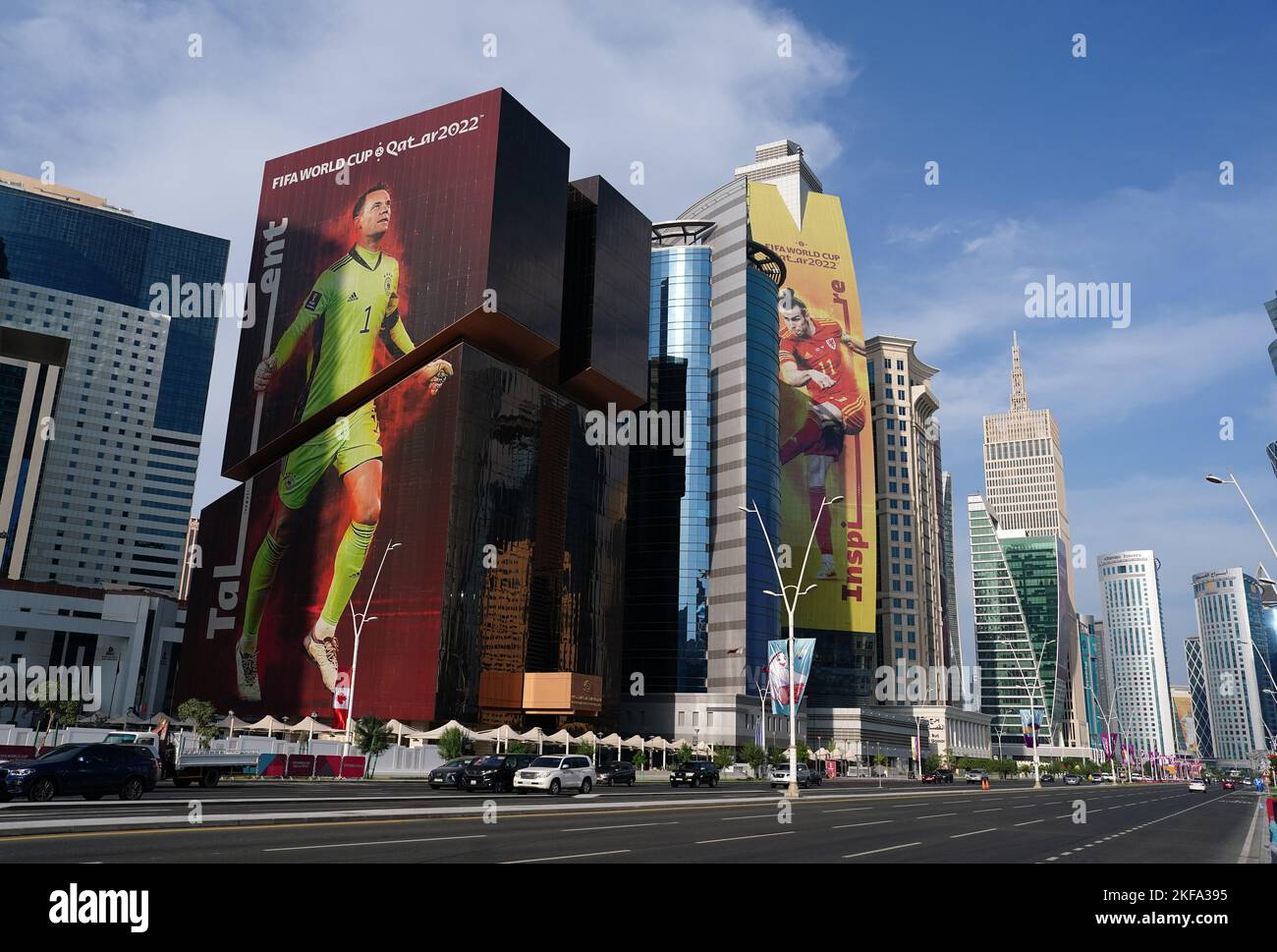 World Cup signage adorns buildings in the Corniche area of Doha, ahead ...