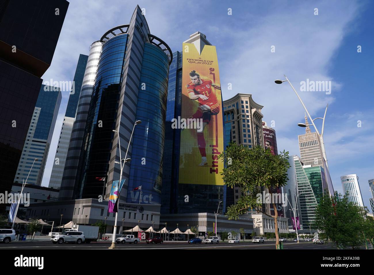 World Cup signage adorns buildings in the Corniche area of Doha, ahead ...