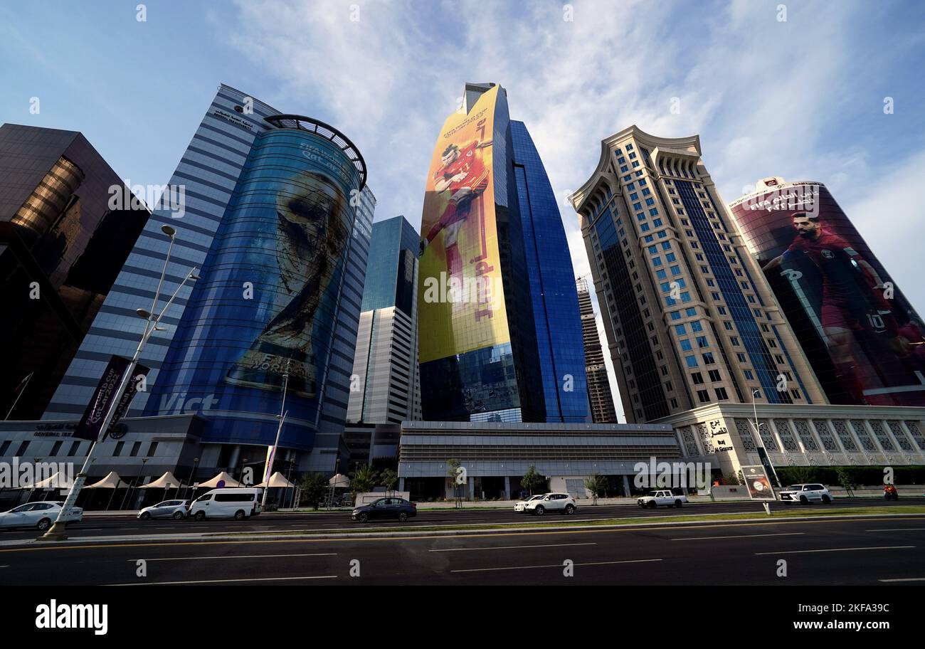 World Cup signage adorns buildings in the Corniche area of Doha, ahead ...