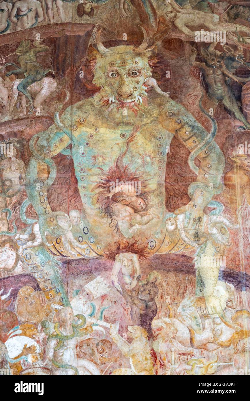 Close-up on medieval fresco representing a demon in hell Stock Photo ...