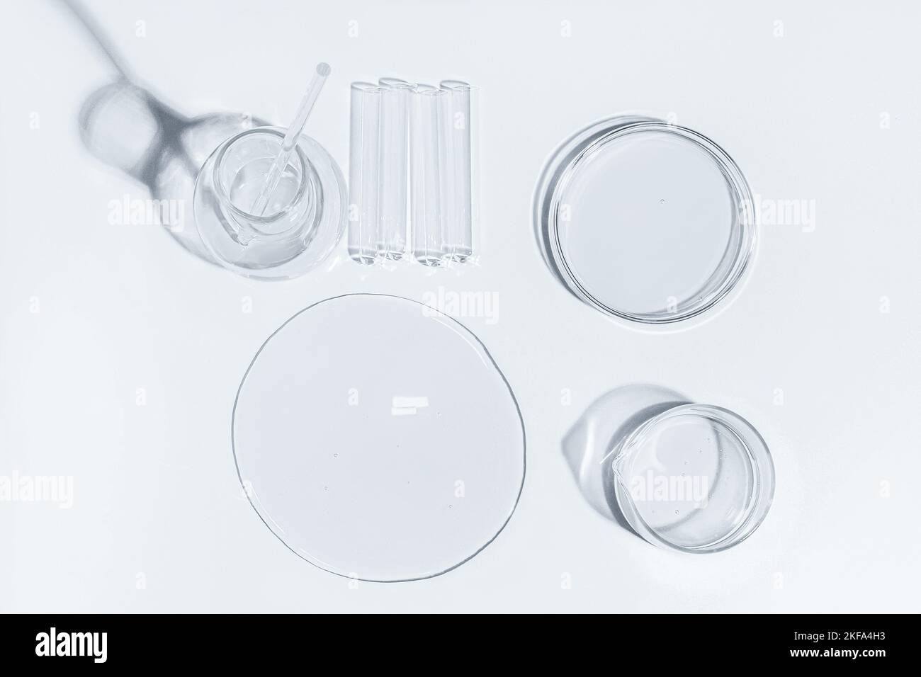 gel, flask, crystallization bowl. Laboratory. View from above. Medicine ...