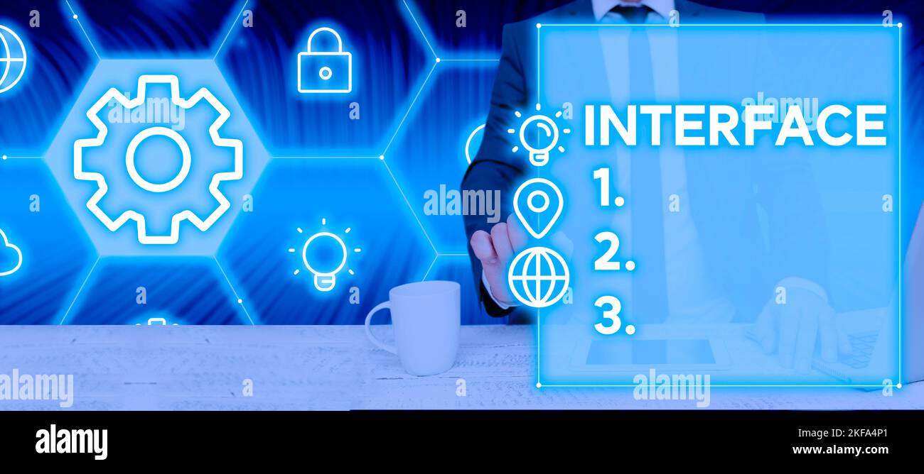 Hand writing sign Interface. Business approach point of meeting and ...