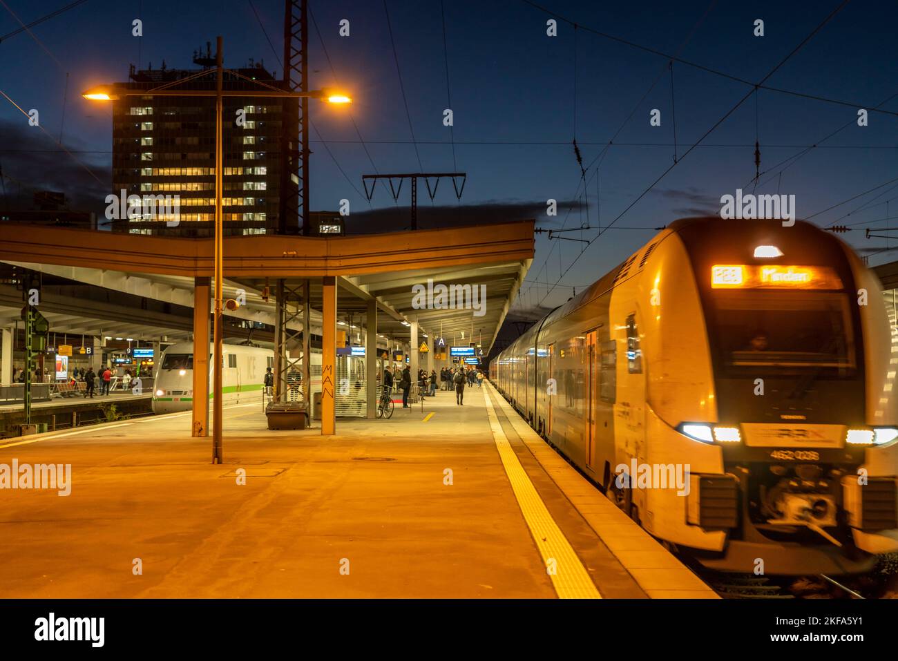 Railway station, ICE train and regional express on the platform, Essen ...
