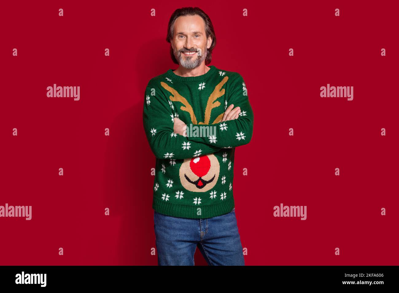 Photo of funny smiling business man santa claus wear green ornament ...