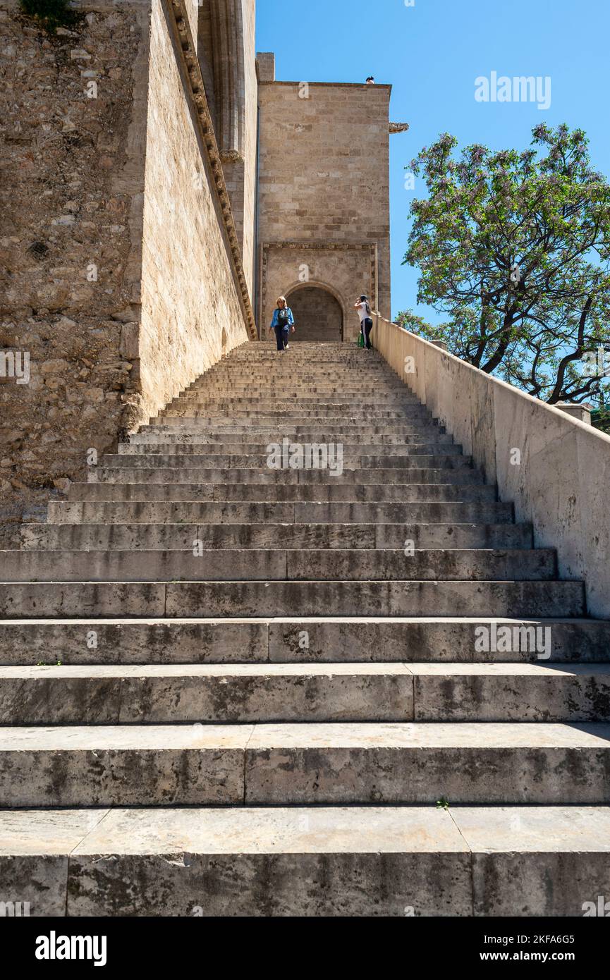 Steps up to the Torres de Serranos, Valencia, Spain. City gate Stock ...