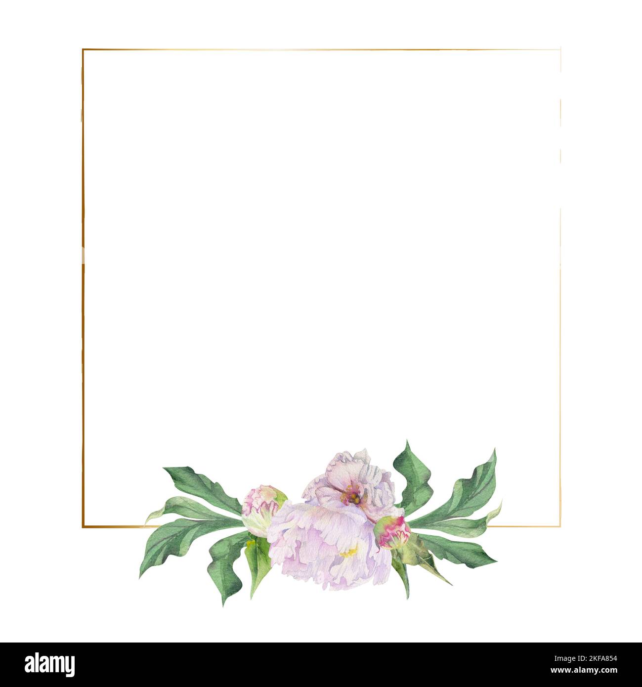 Watercolor square frame arrangement with hand drawn delicate pink peony ...
