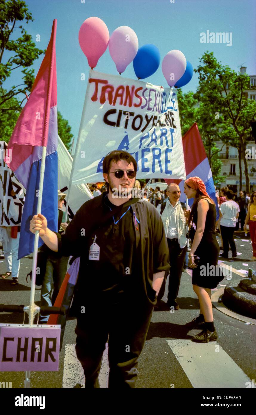Paris, France, F-M Male Trans Holding Flag, Marching in Gay LGBTQI+ ...
