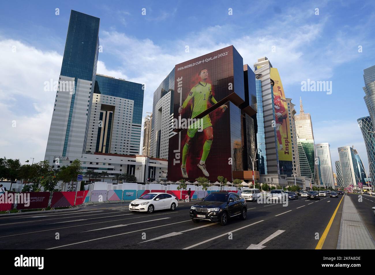 World Cup signage adorns buildings in the Corniche area of Doha, ahead ...