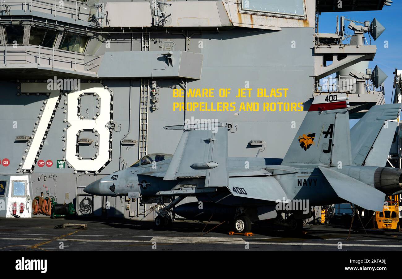 A F18 jet on the flight deck of the USS Gerald R. Ford, the 'world's ...
