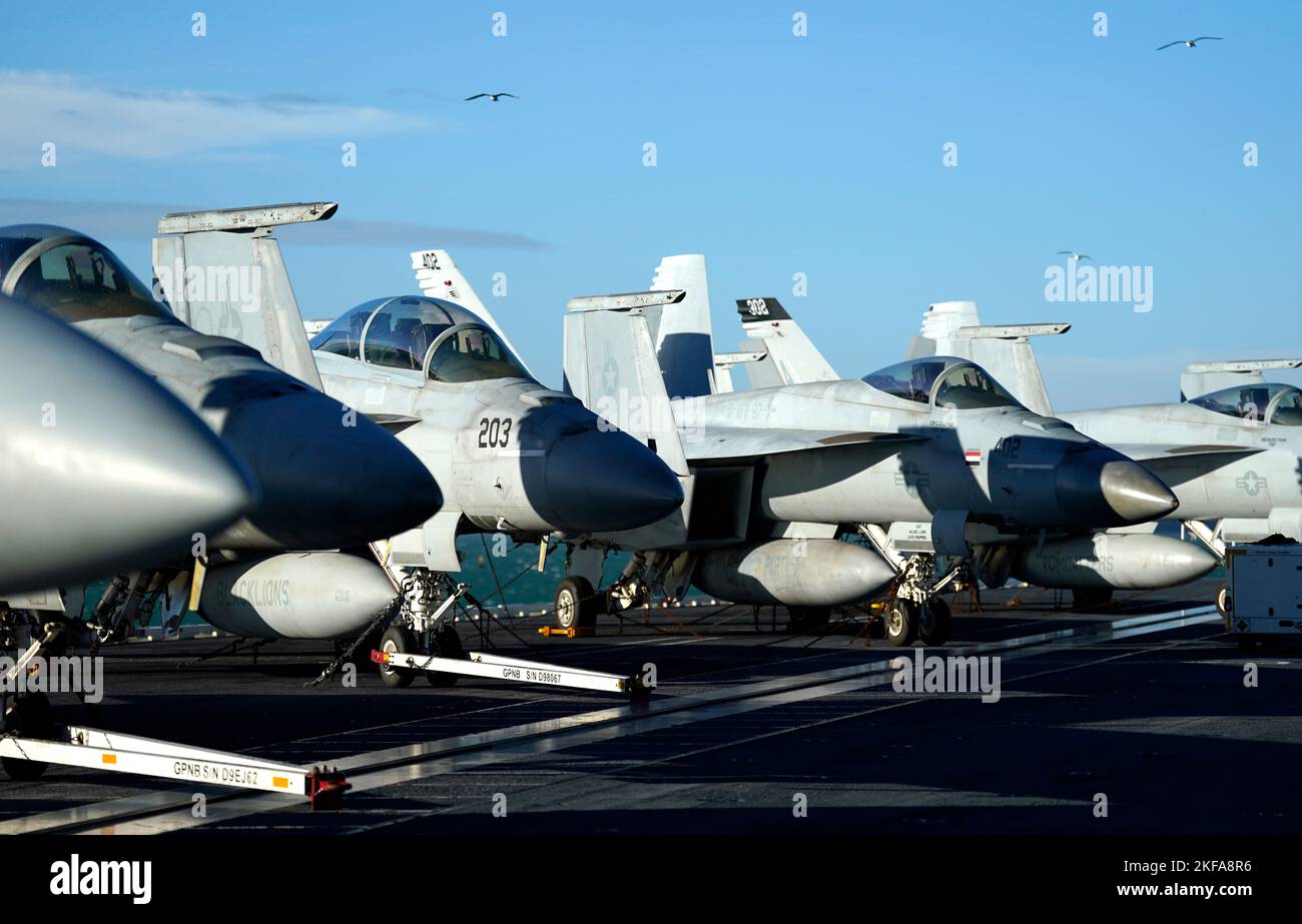 F18 jets lined up on the flight deck of the USS Gerald R. Ford, the ...