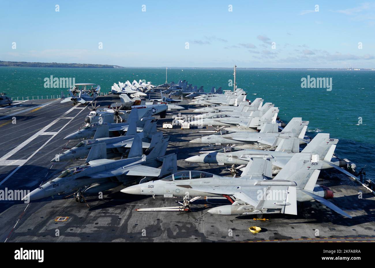 F18 jets lined up on the flight deck of the USS Gerald R. Ford, the ...