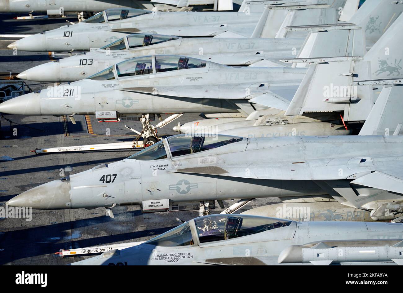 F18 jets lined up on the flight deck of the USS Gerald R. Ford, the ...