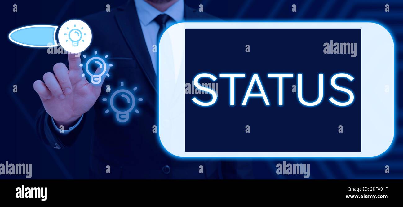 Hand writing sign Status. Concept meaning situation at a particular ...