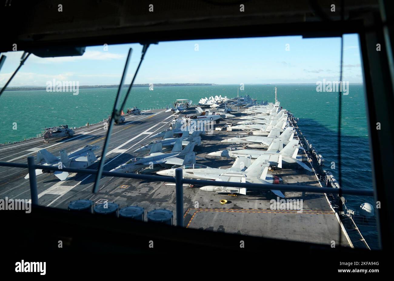 F18 jets lined up on the flight deck of the USS Gerald R. Ford, the ...