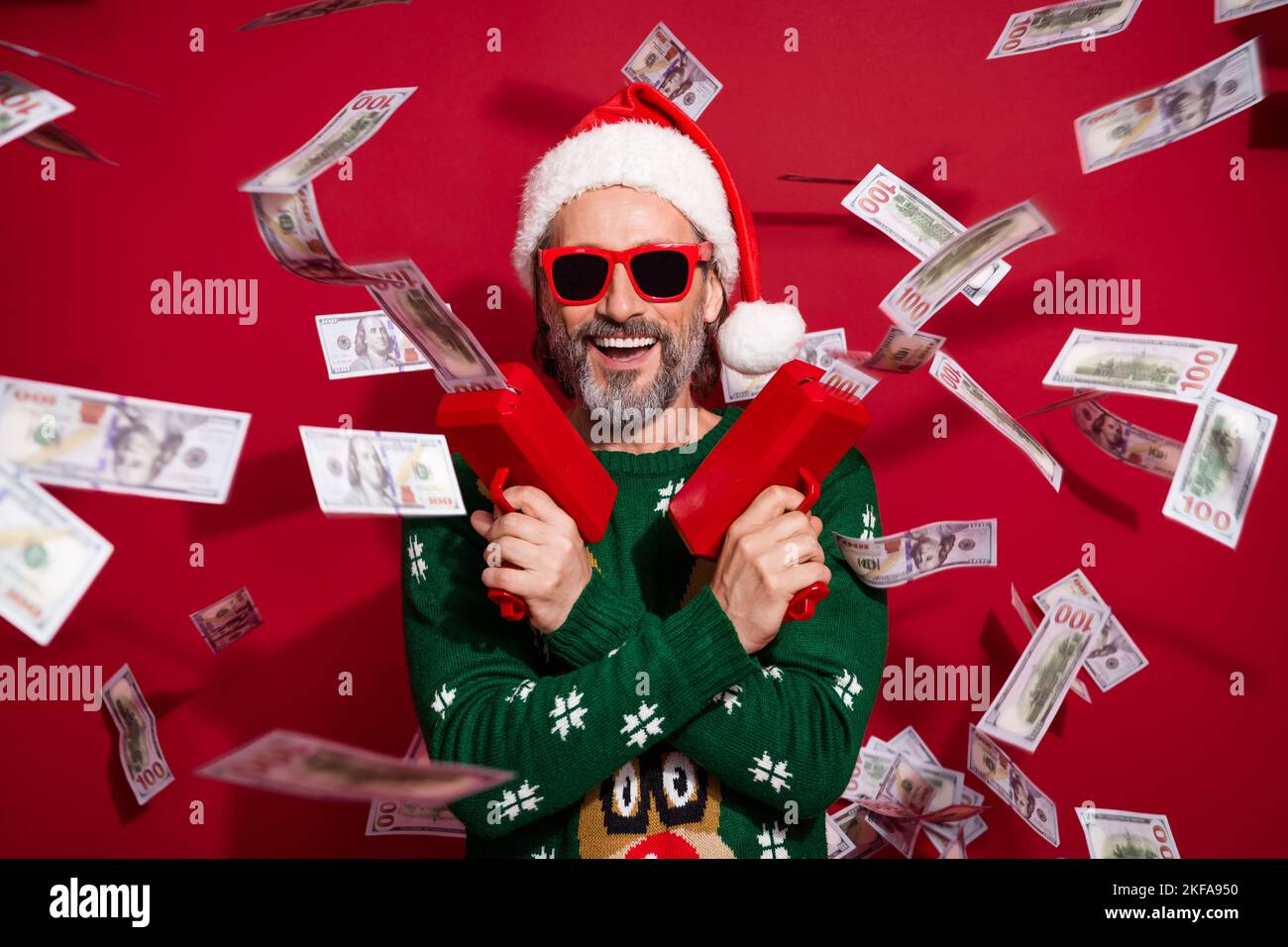 Photo of successful rich person crossed arms hold money gun shoot usd ...