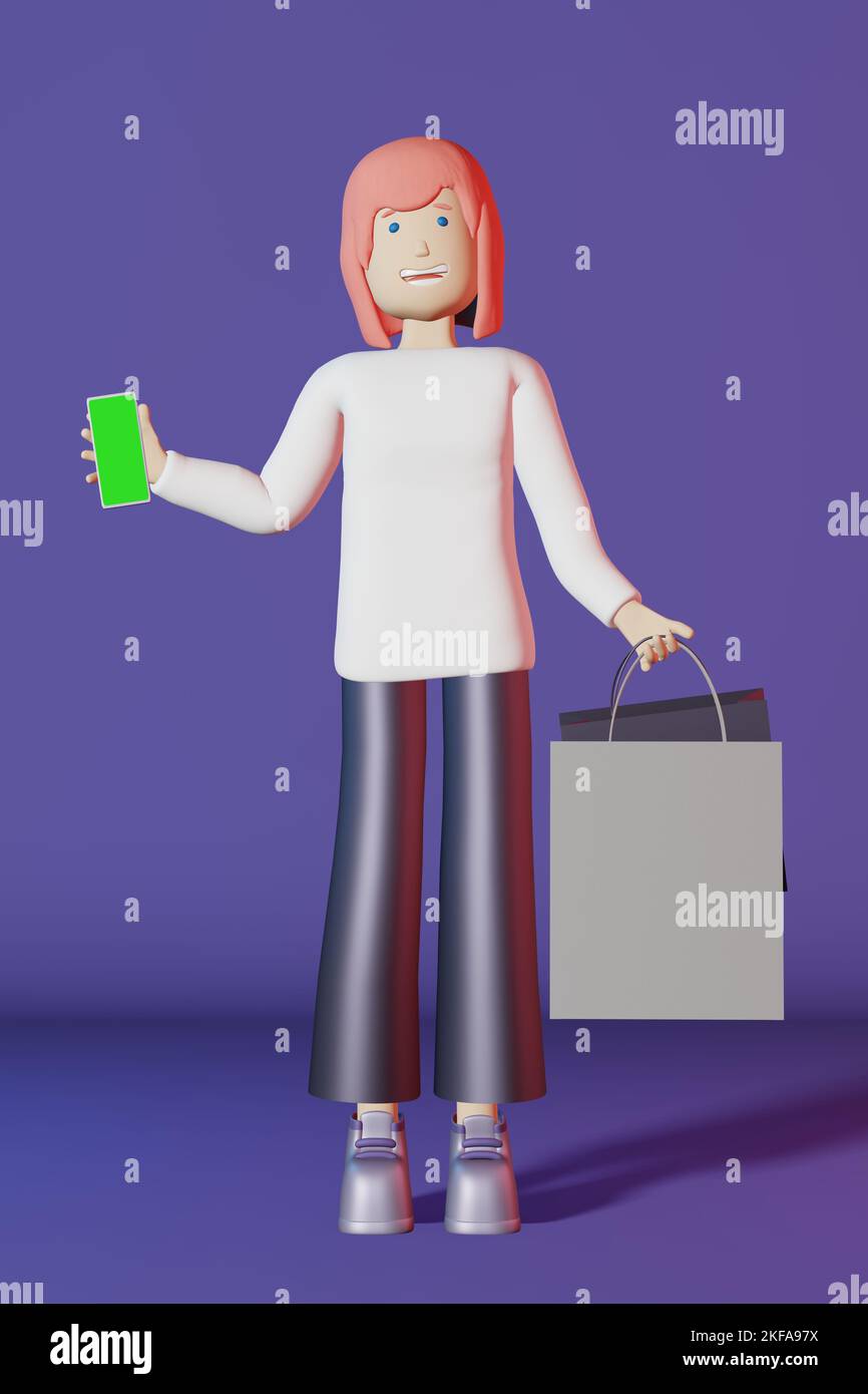 3d character girl shopping bag purple background rendering. Pink haired ...