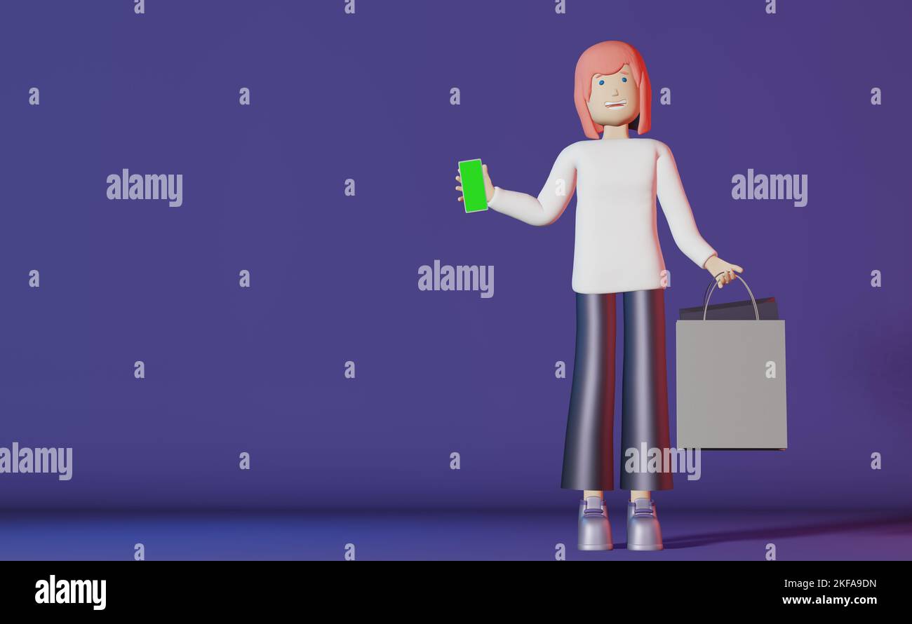 3d character girl shopping bag purple background rendering. Pink haired ...