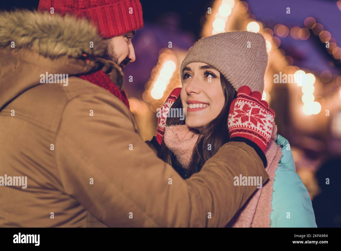 Photo of dreamy adorable wife husband walking ready for kiss arms ...