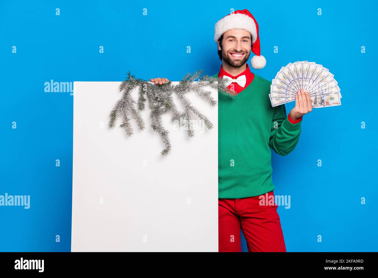 Photo of positive rich man millionaire trendy outfit hold empty space ...