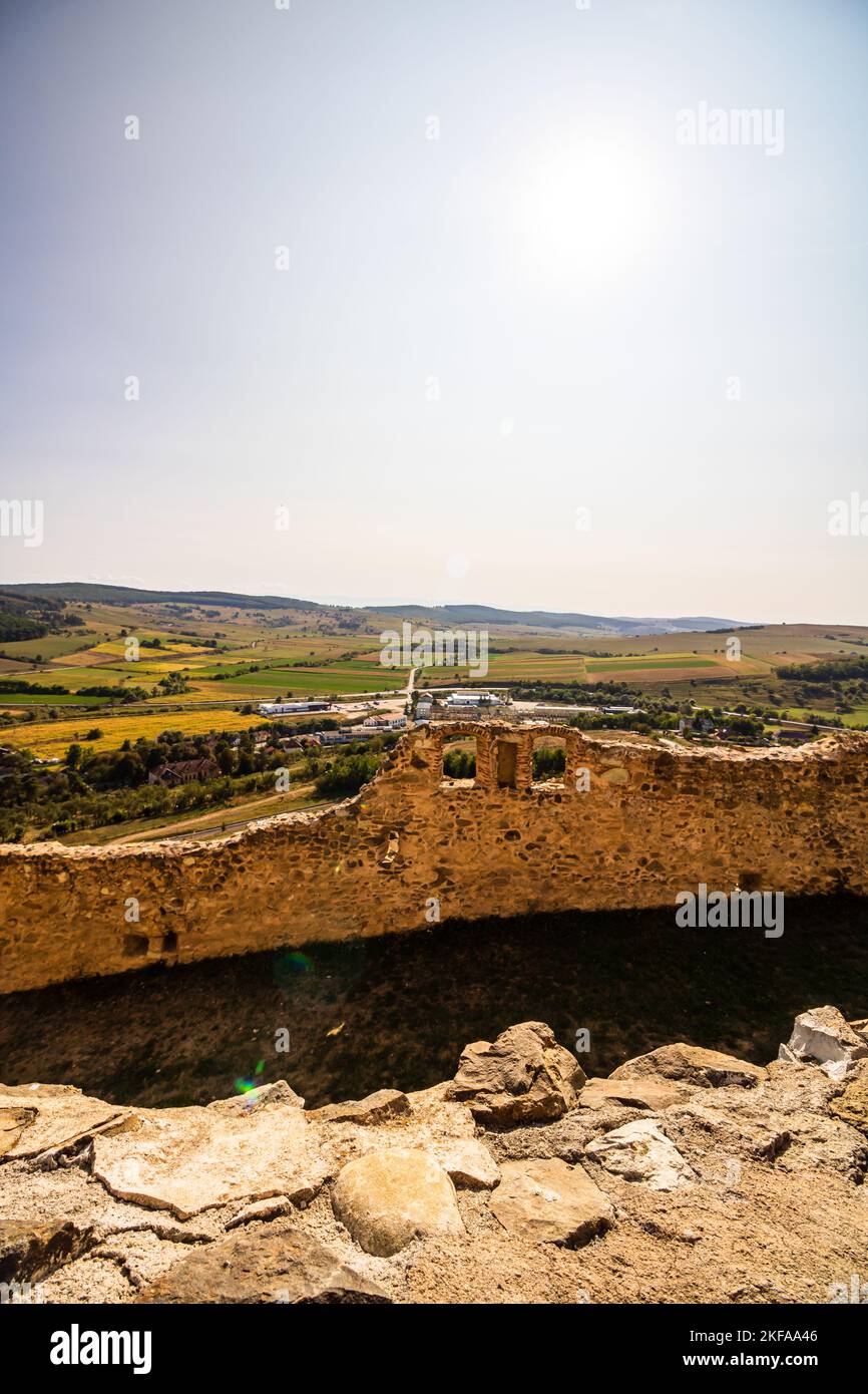 A view of agricultural fields and nature from the stone walls of the ...