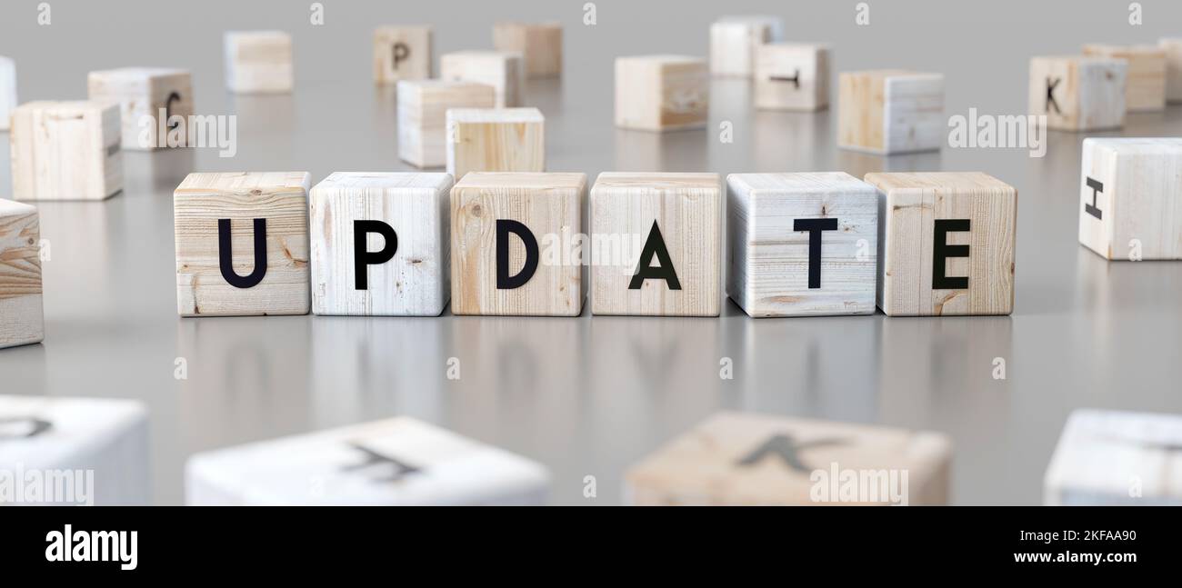 Update - word on wooden blocks - 3D illustration Stock Photo - Alamy