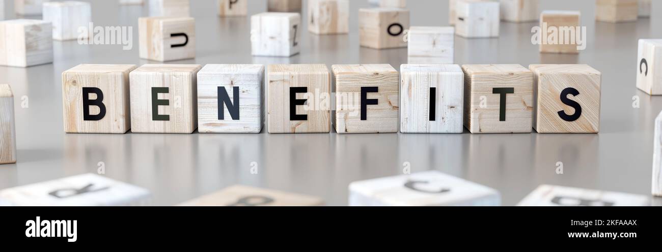 Benefits - word on wooden blocks - 3D illustration Stock Photo - Alamy