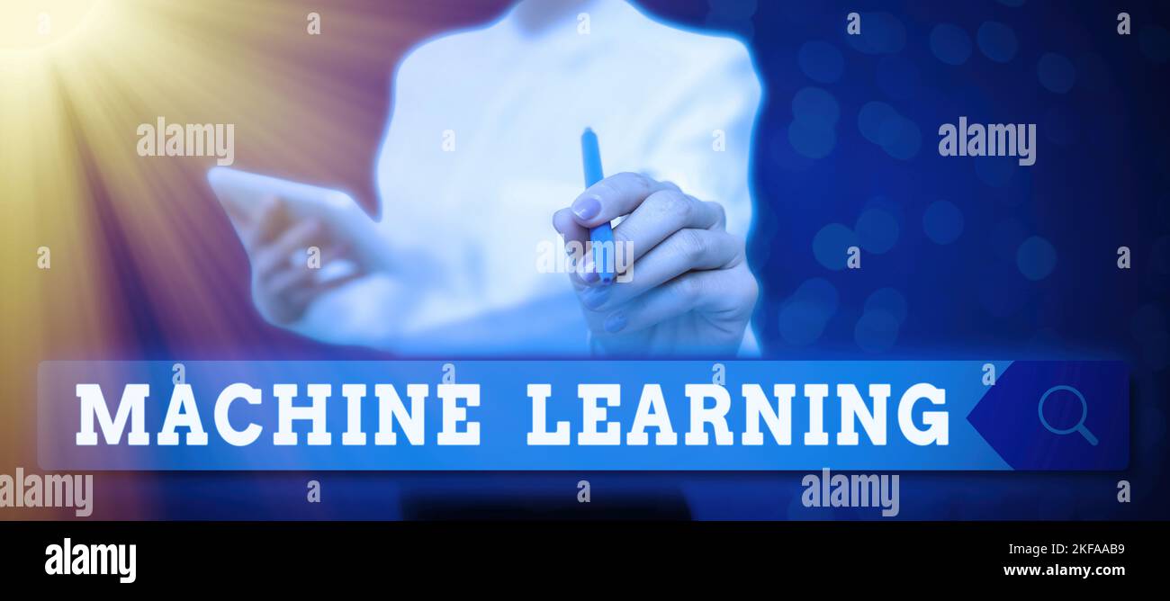 Text caption presenting Machine Learning. Business showcase the concept that a computer can ...