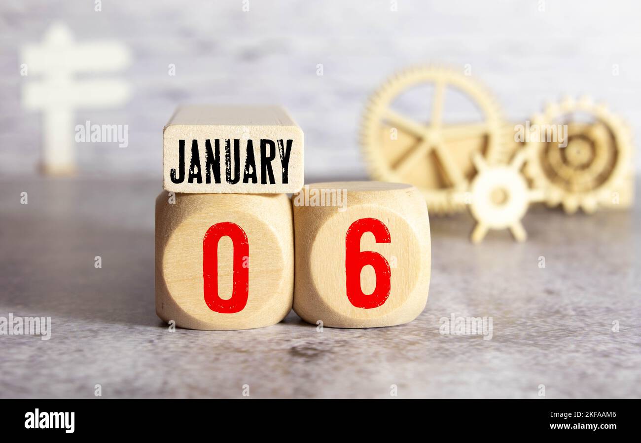 Wooden cubes calendar with the date of January 06. Concept calendar for ...