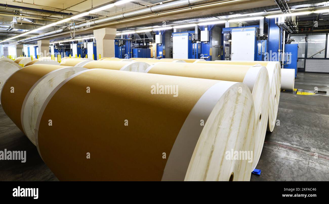 paper rolls and offset printing machines in a large print shop for ...