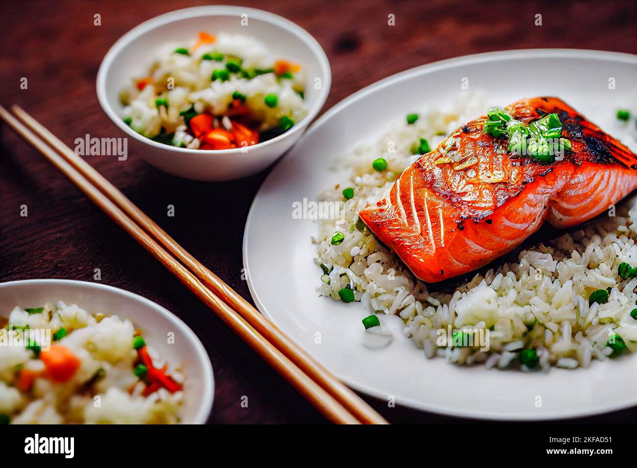 grilled salmon filet on fried rice Illustration Stock Photo - Alamy