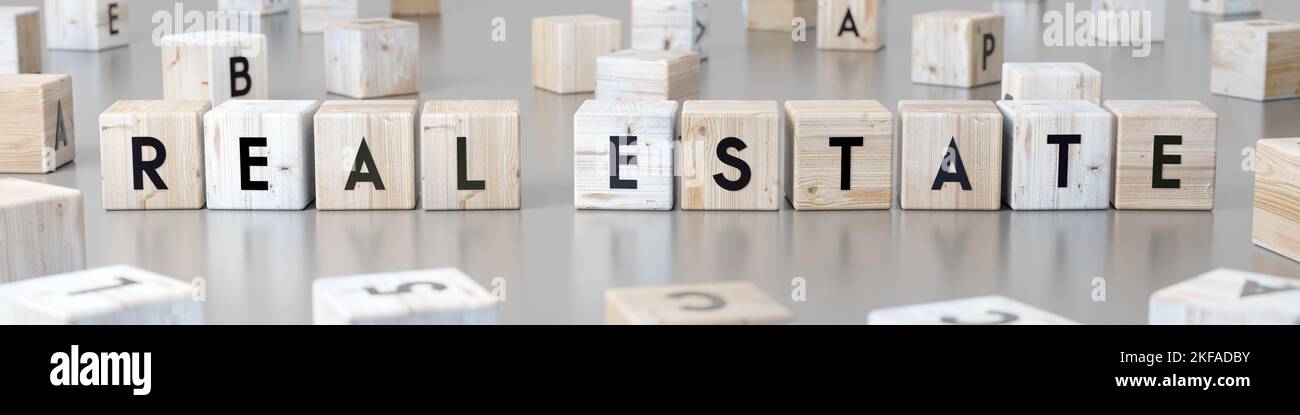 Real estate - word on wooden blocks - 3D illustration Stock Photo - Alamy