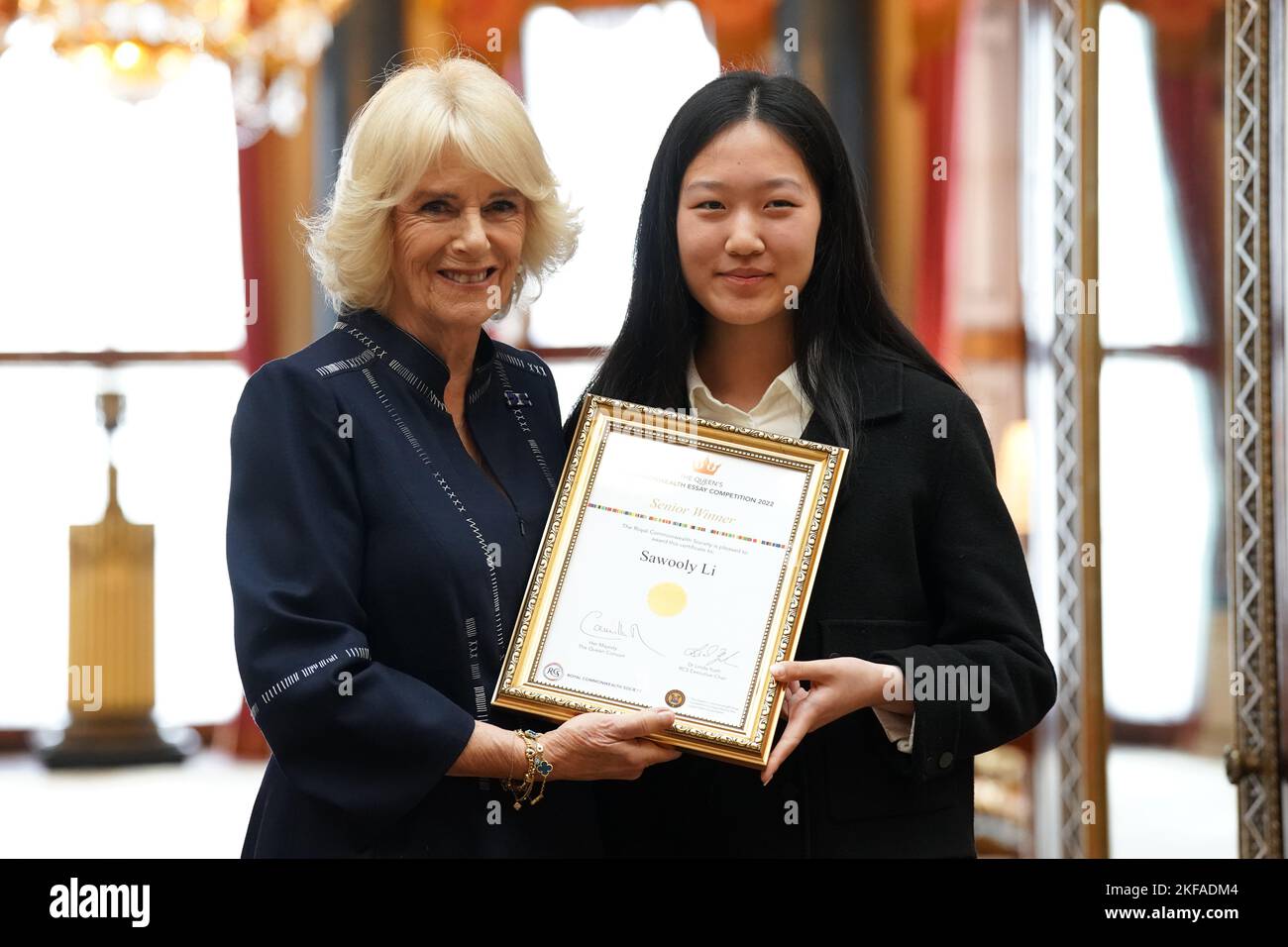 The Queen Consort with Sawooly Li during a reception for winners of the ...
