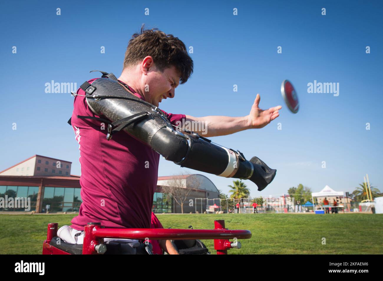 Staff Sgt. Timothy Brown, from Houston, Texas, throws a discus during ...