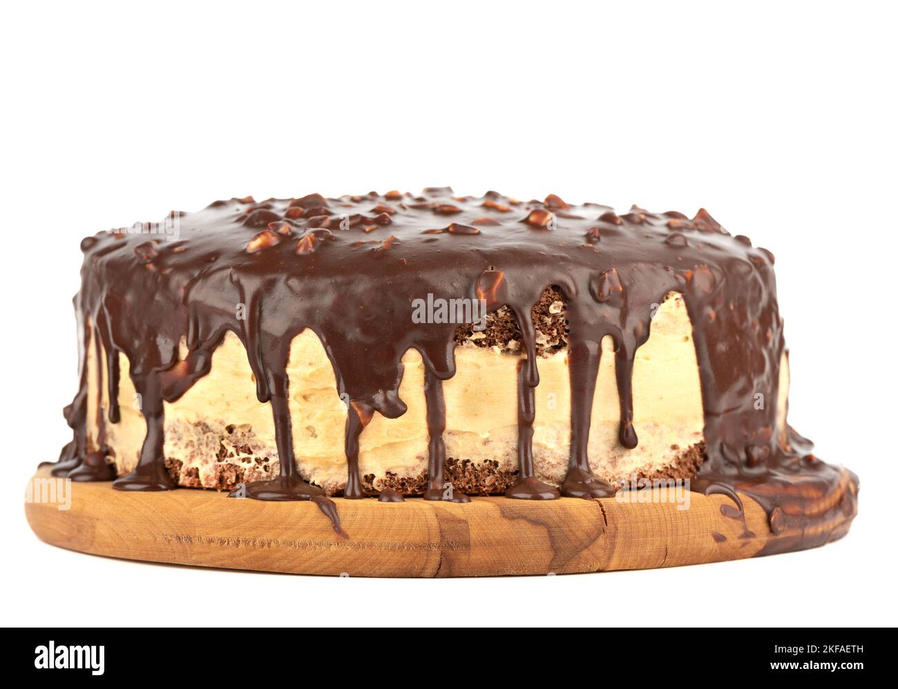 Fresh chocolate biscuit cake isolated on white background. Copy space ...