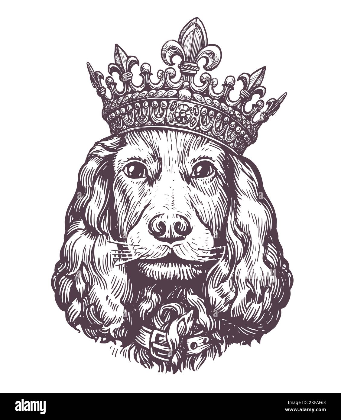 Portrait of cute Dog cocker spaniel with crown on his head. Pet animal ...