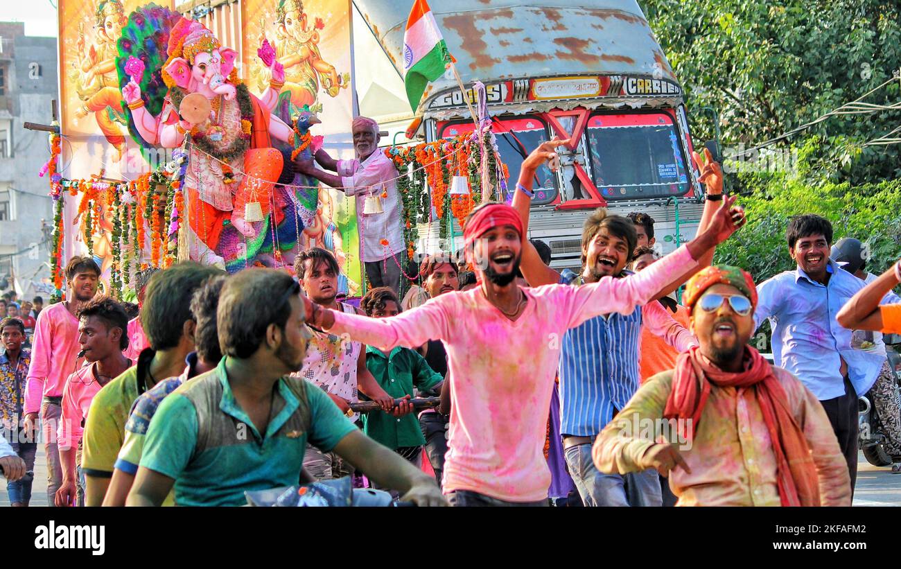 Delhi, India - AugDevotees dancing to bid adieu to Lord Ganesha in ...